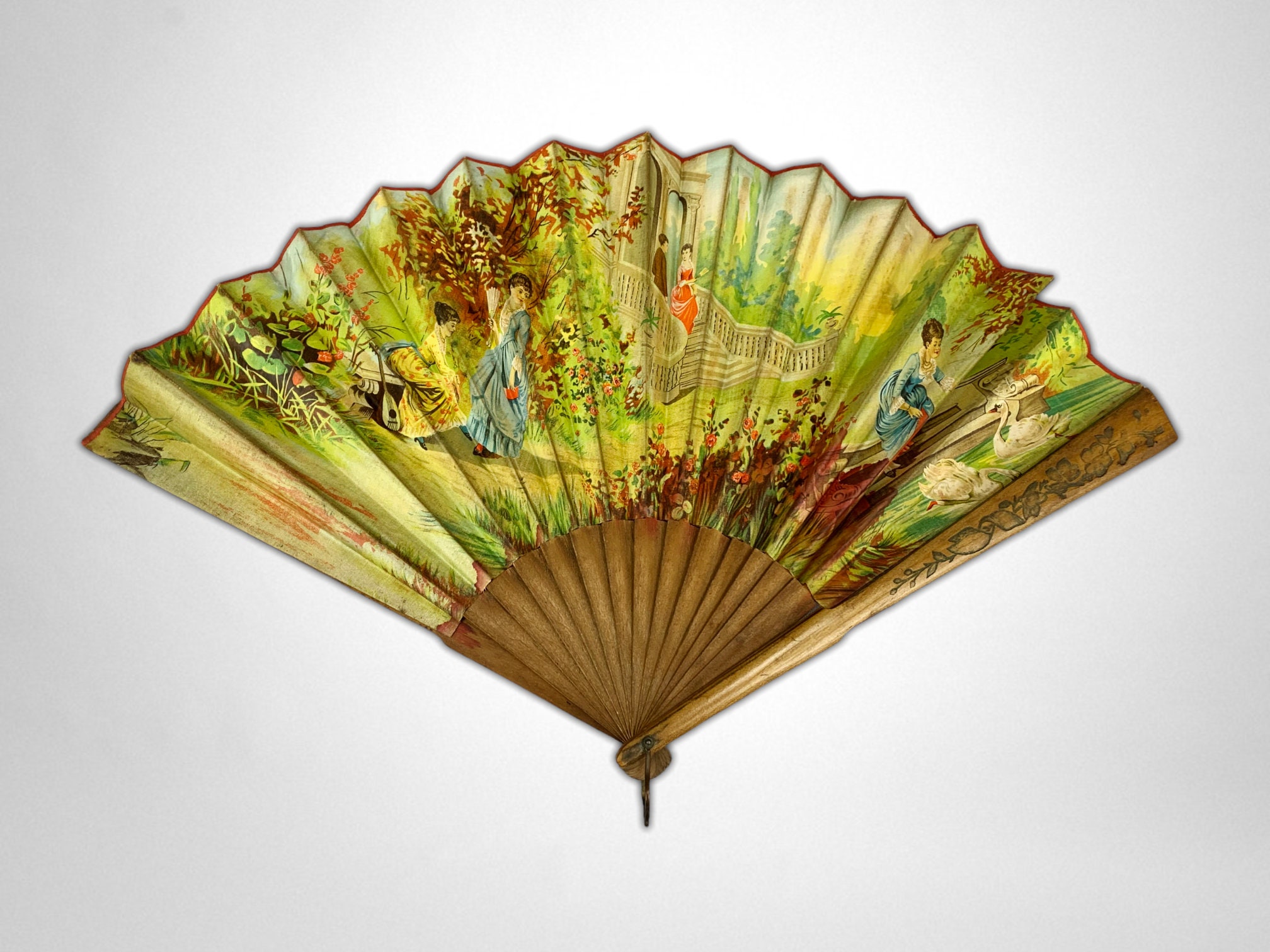 Antique Hand Folding Hand Fan, Carved Wooden Handles, 19th Century ...