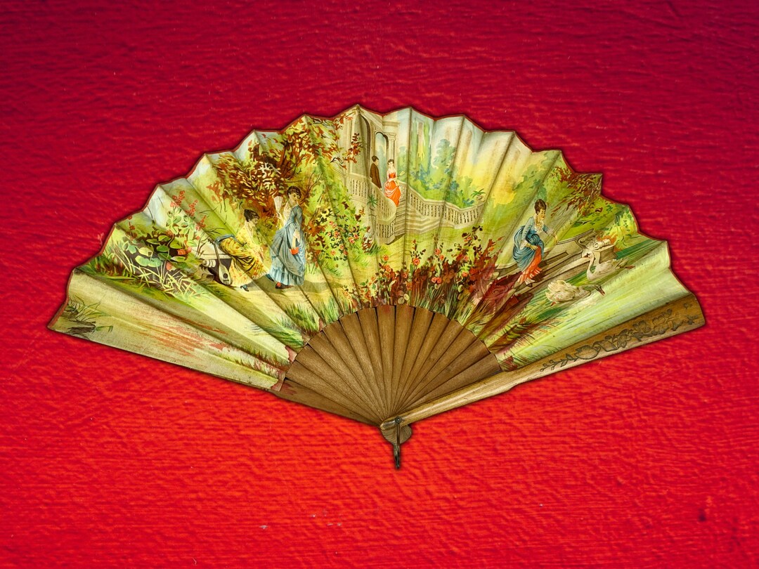 Antique Hand Folding Hand Fan, Carved Wooden Handles, 19th Century ...
