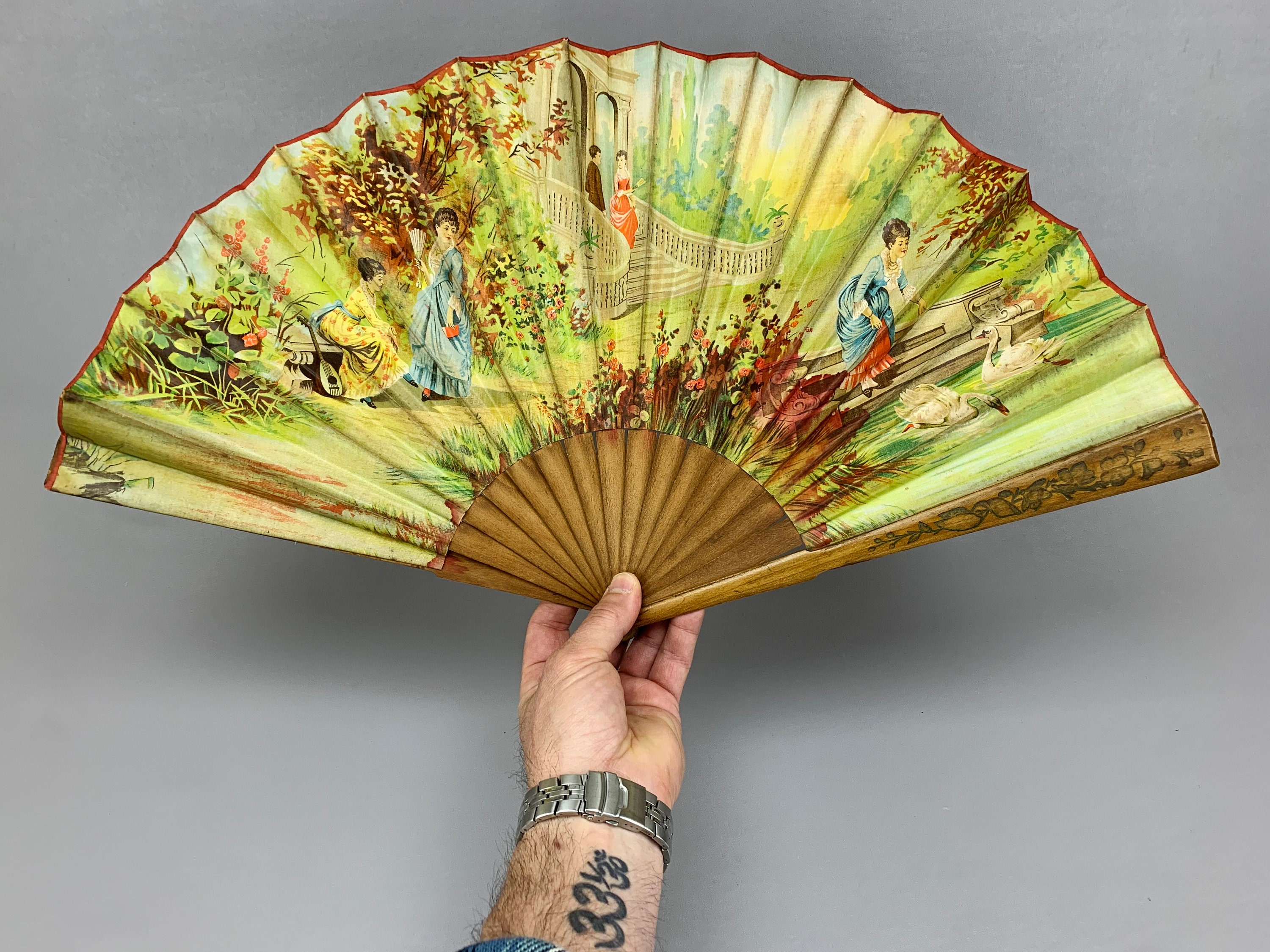 Antique Hand Folding Hand Fan, Carved Wooden Handles, 19th Century ...