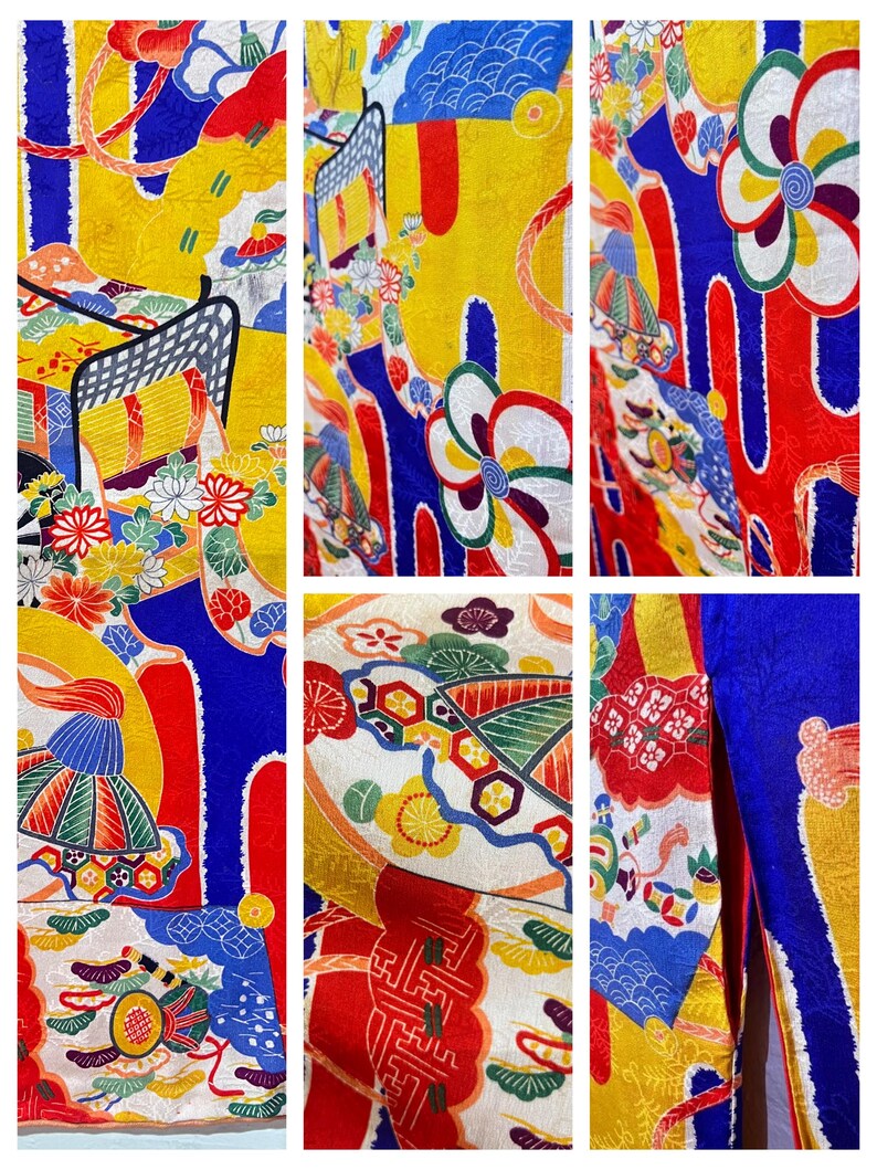 Circa 1920's - 30s Silk Kimono Goshoguruma Fortune Pattern (yellow X ...