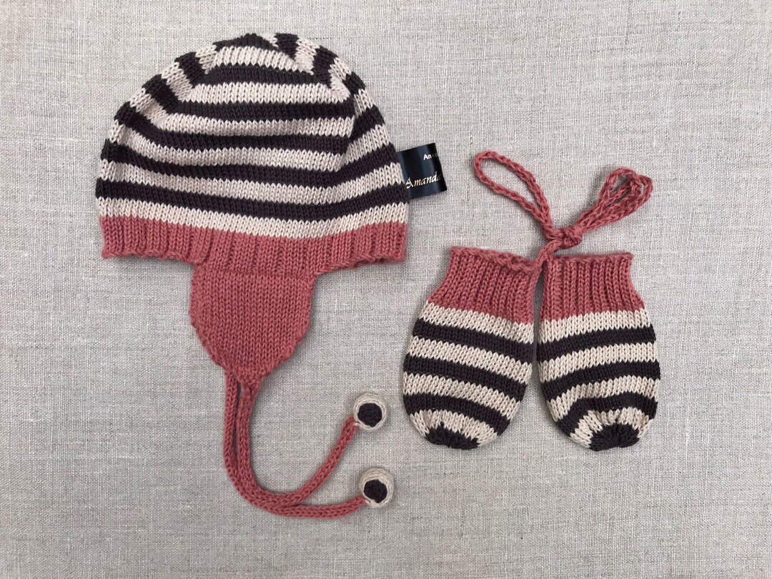 Striped Knitted Cotton Hat & Separate Mittens - Etsy UK