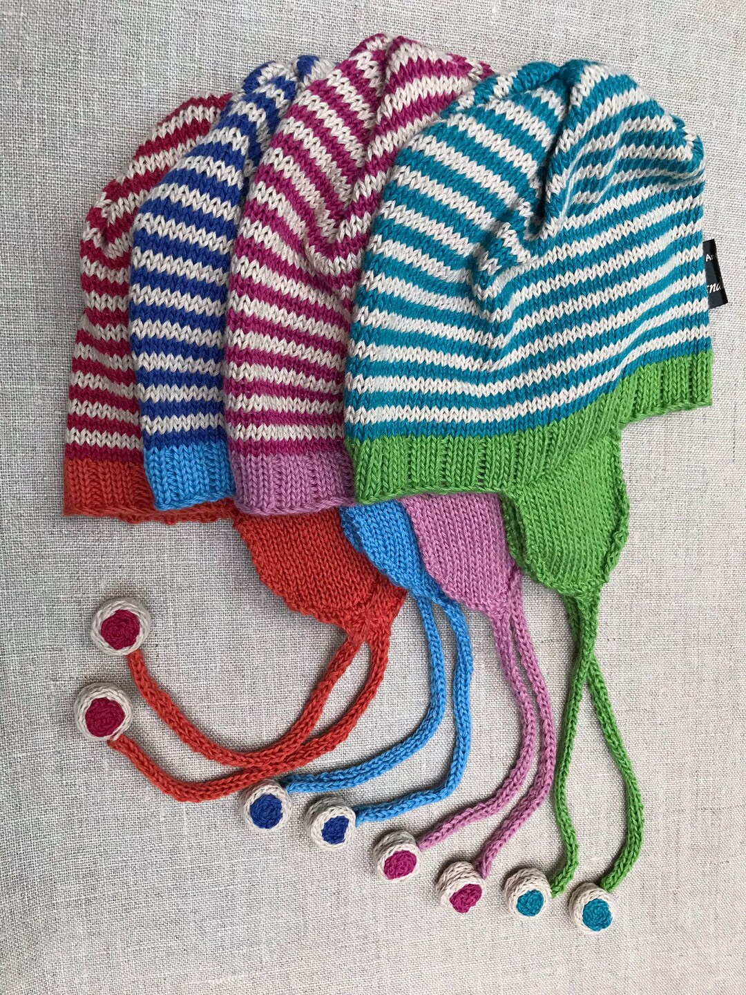 Striped Knitted Cotton Hat & Separate Mittens - Etsy UK