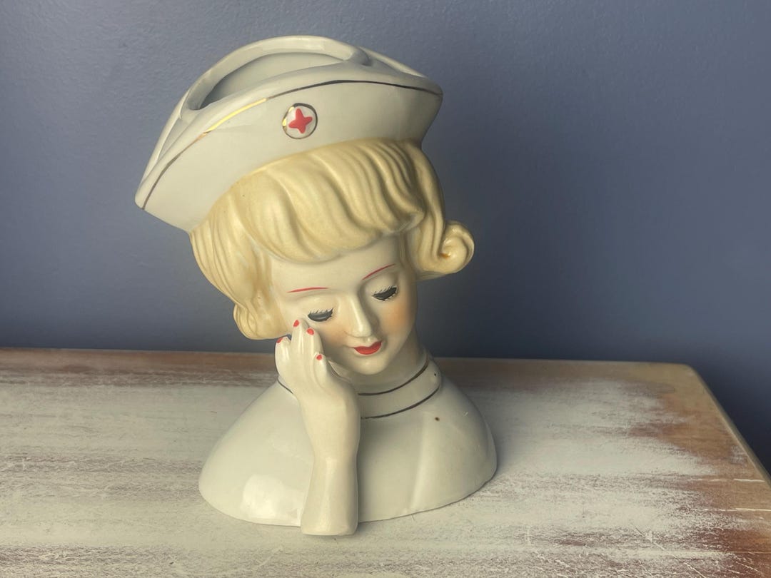 NURSE HEAD Vase…planter…lady Head Vase…raised Hand and Eyelashes…red ...