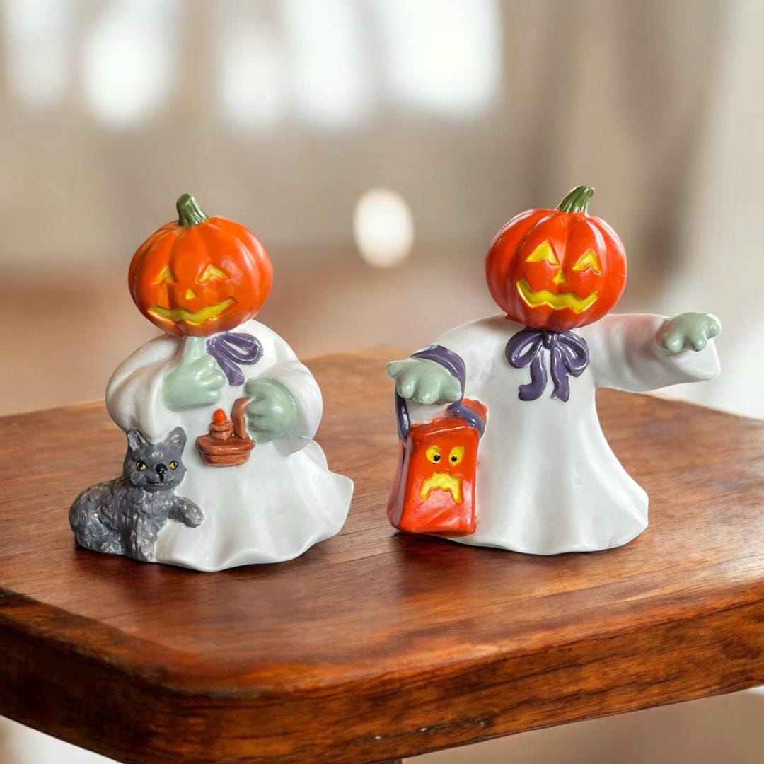 PUMPKIN GHOST Figurines…set of Two…ghost Bodies With Jack-o-lantern ...