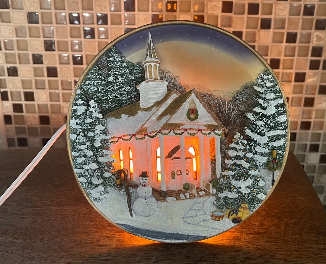LIGHTED CHURCH Plate…popular…mr1040-13…lighted Church, Snowman, Trees ...
