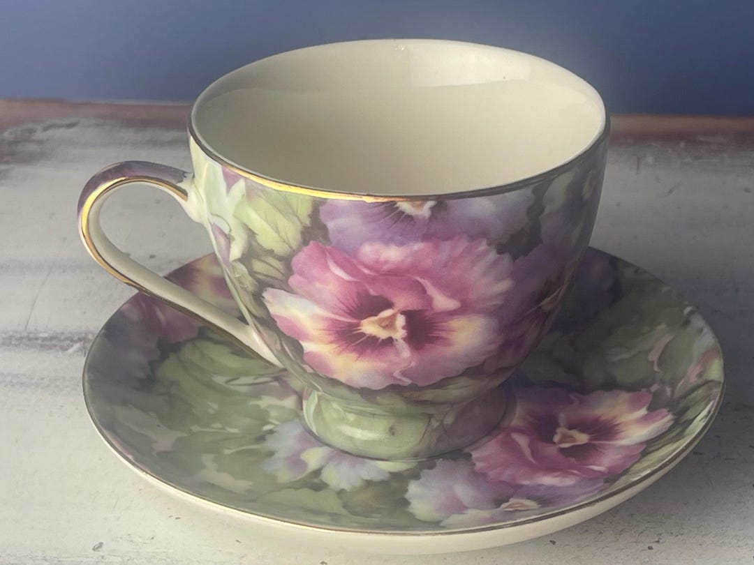 PANSY TEACUP & Saucer…tea Set…gold Edges/handle…pink and Purple Pansies ...