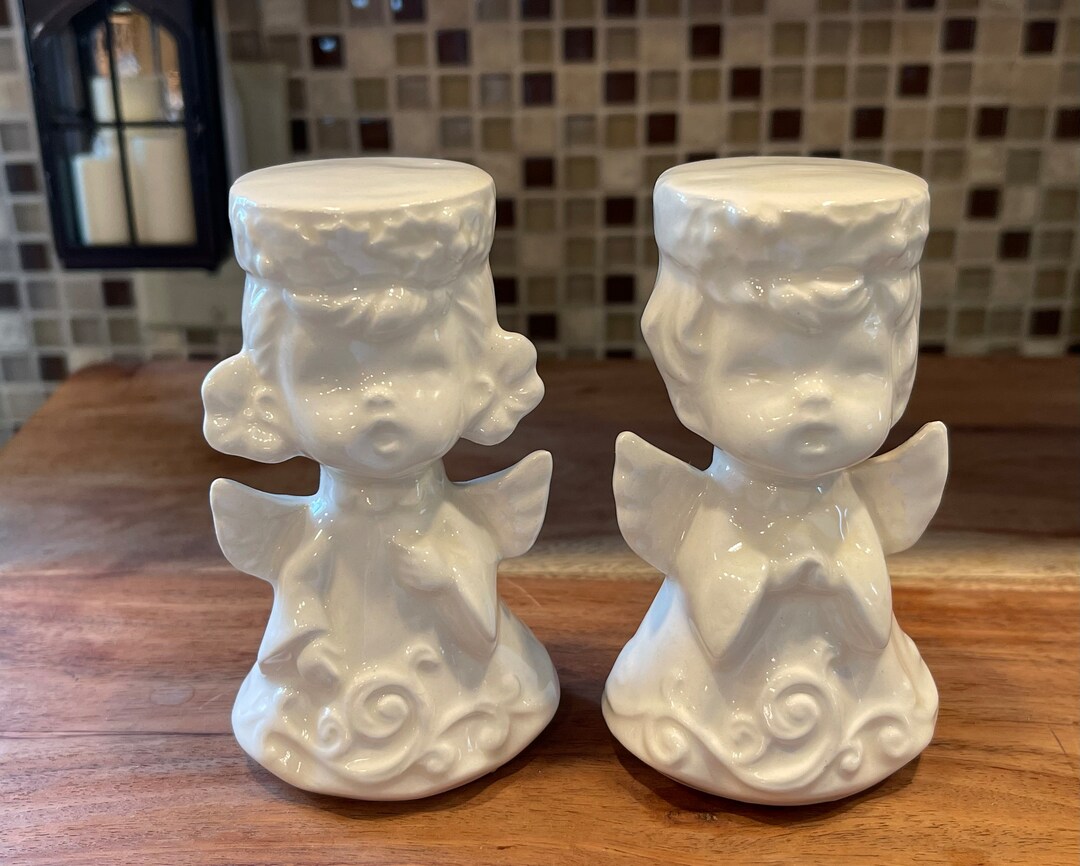 ANGEL FIGURINES Set…set of 2…ceramic…flat Top…scrolled Gowns…vintage ...