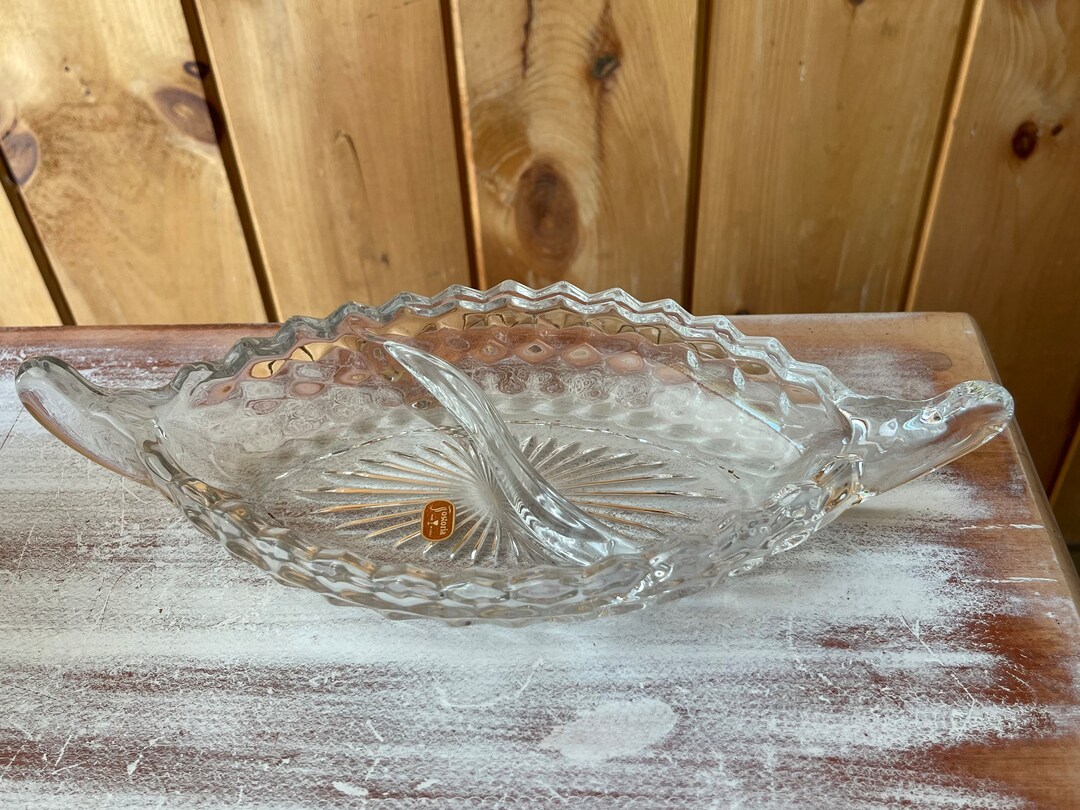 CRYSTAL RELISH Tray…fostoria…divided Dish…two Rounded Handles…scalloped ...