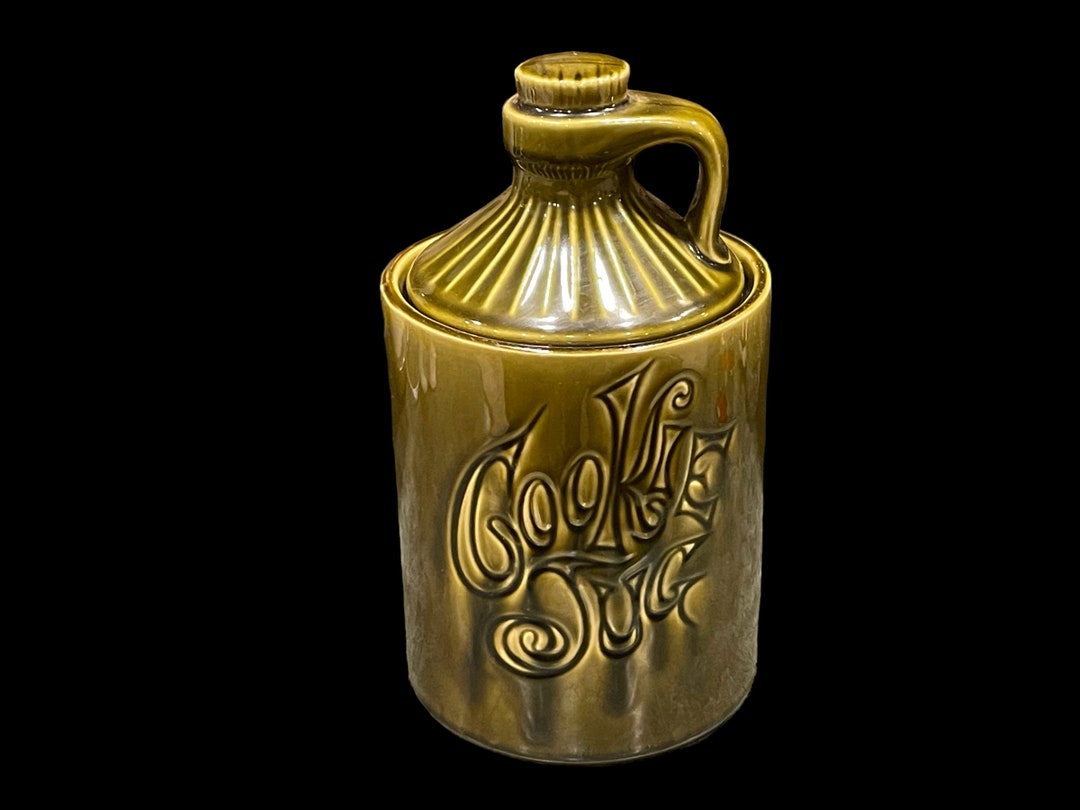 COOKIE Jug…retro Cookie Jar…removable Lid…olive Green…mid Century…shiny ...