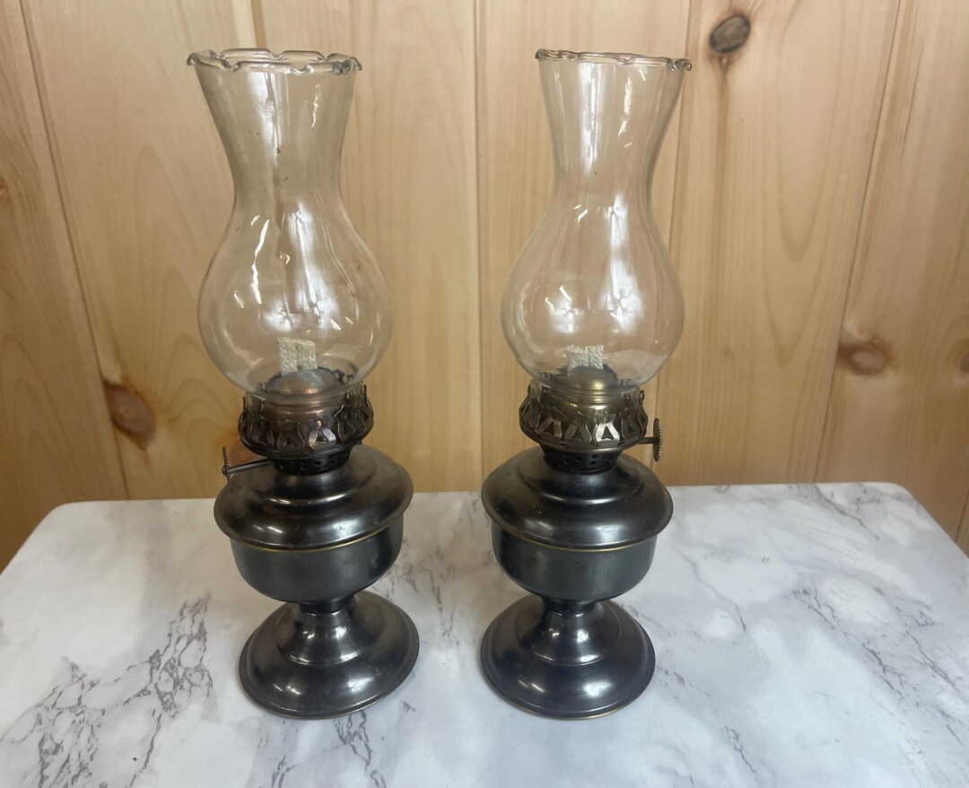 MINIATURE OIL Lamps...metal With Glass Hurricanes...set of 2...side ...