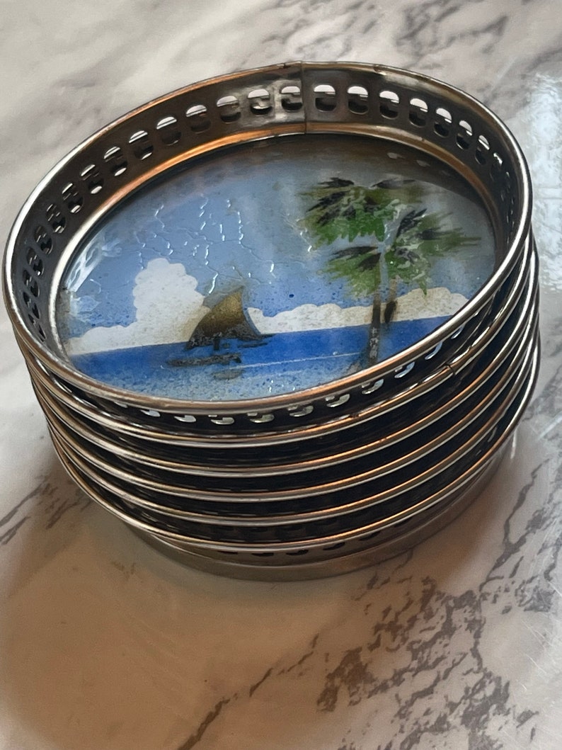 TRAY & COASTERS Set…coastal,/beach Tropical Scene…palm Tree/sail Boat ...