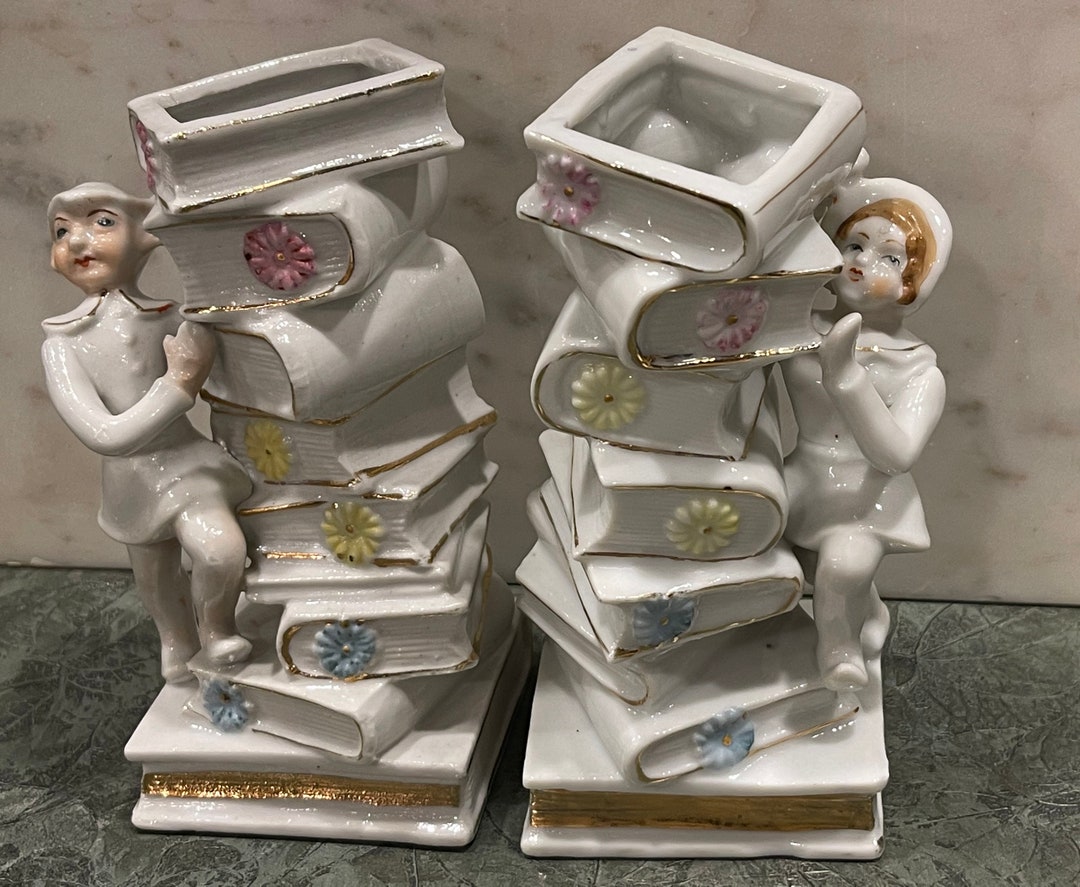BOOK STACK Vases…girl and Boy Holding up Stacks of Books…flowers…gold ...