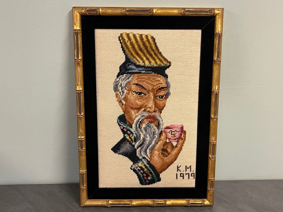 ASIAN CROSS Stitch…man With Teacup on Canvas…large…handmade…black ...