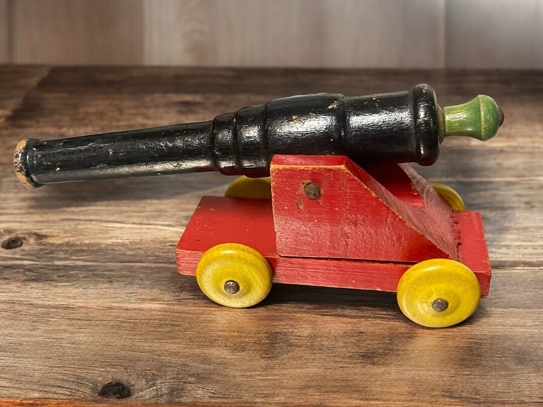 WOODEN TOY Cannon…black, Green, Red and Yellow…moveable Cannon…military ...