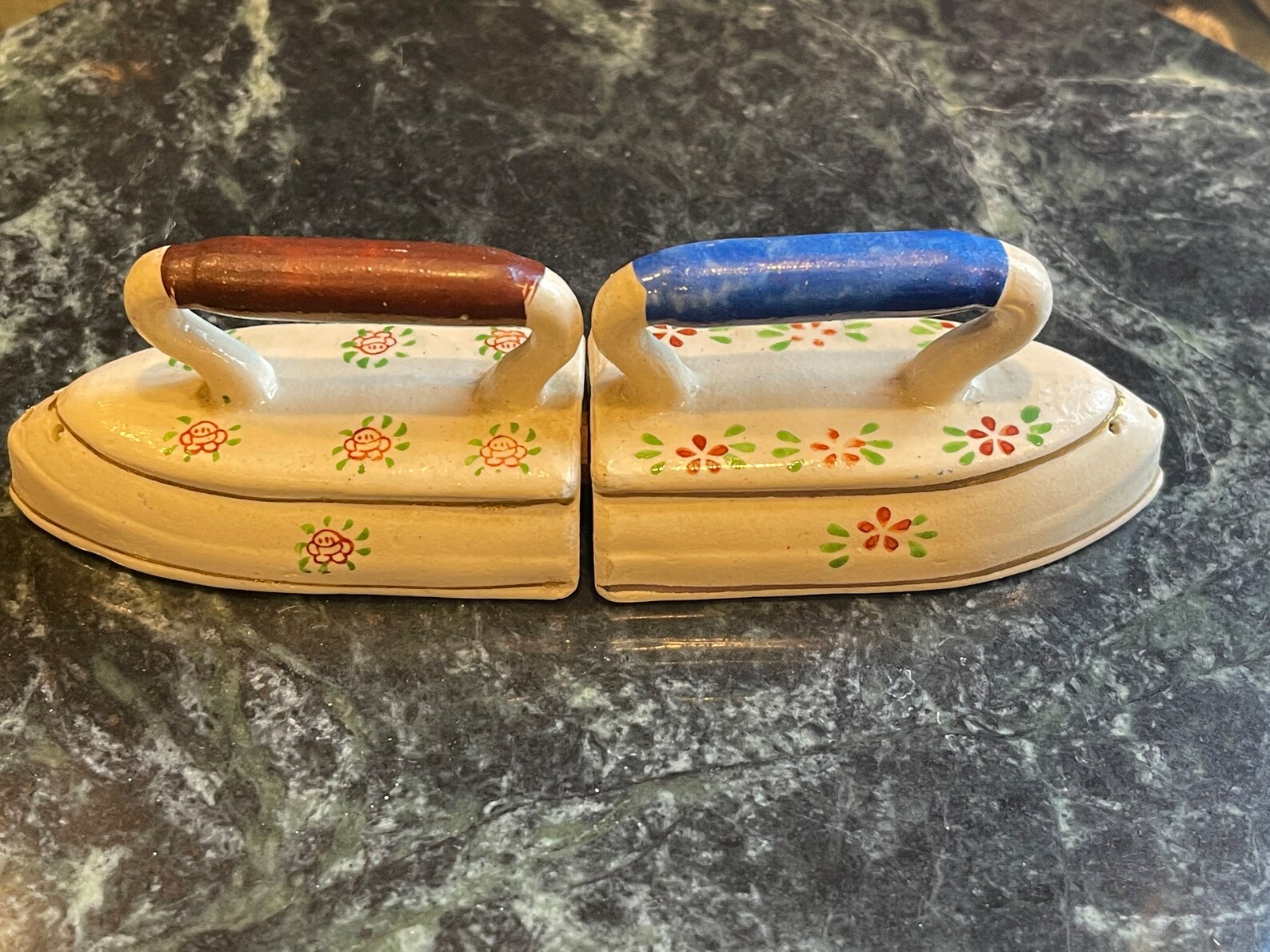 FLAT IRON Salt & Pepper Shakers…hand Painted…floral Design…colored Top ...