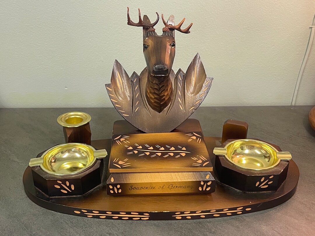 STAG SMOKING Stand…germany…hand Carved…wood…cigarette Valet…lidded Box ...