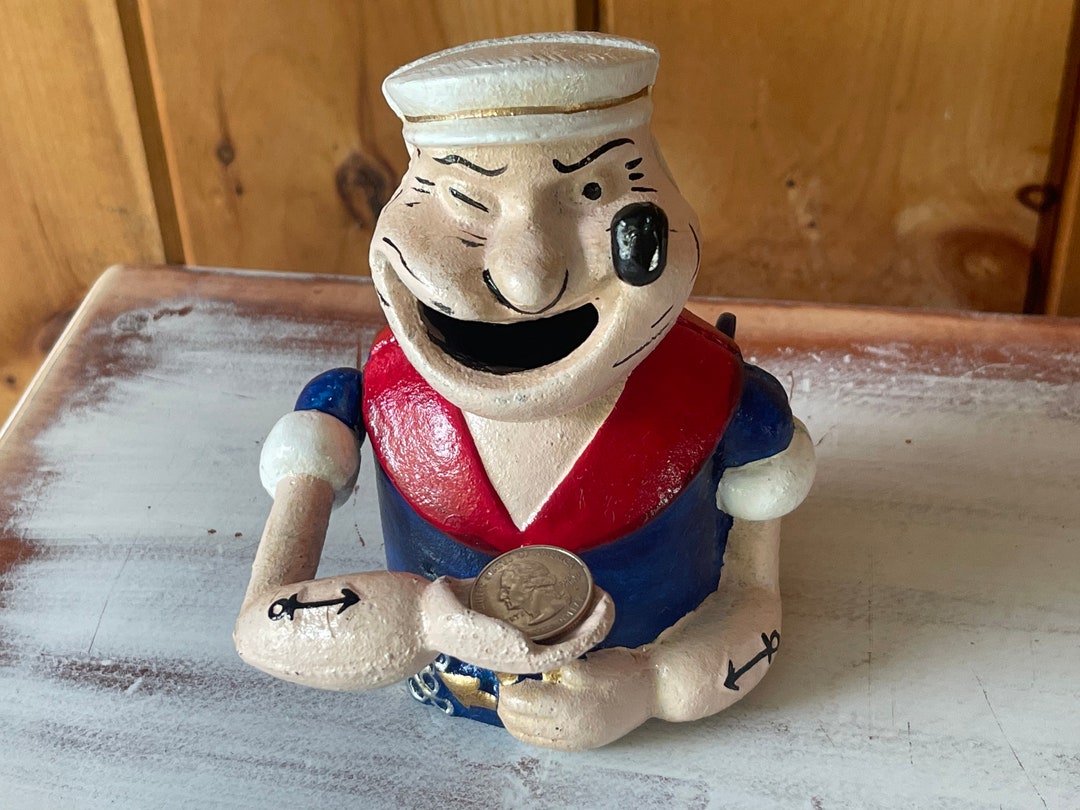 POPEYE Bank…cast Iron…popeye the Sailor Man…mechanical Coin Bank…back ...