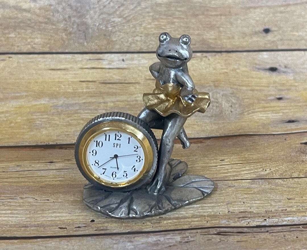 PEWTER FROG Clock…s.p.i….miniature Desk Clock…frog Ballerina in Gold ...