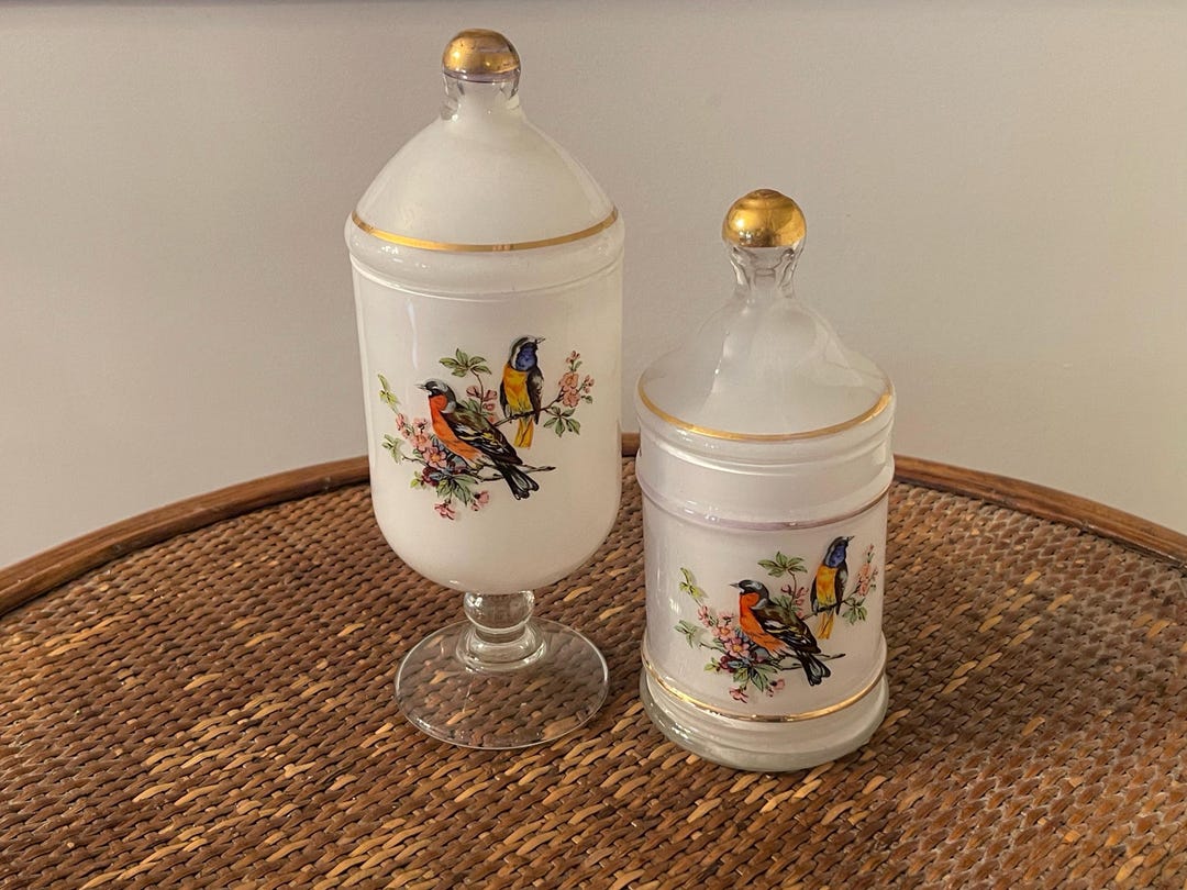 BIRD Jars…set of 2…lidded Apothecary Jar…white and Clear Glass…gold ...