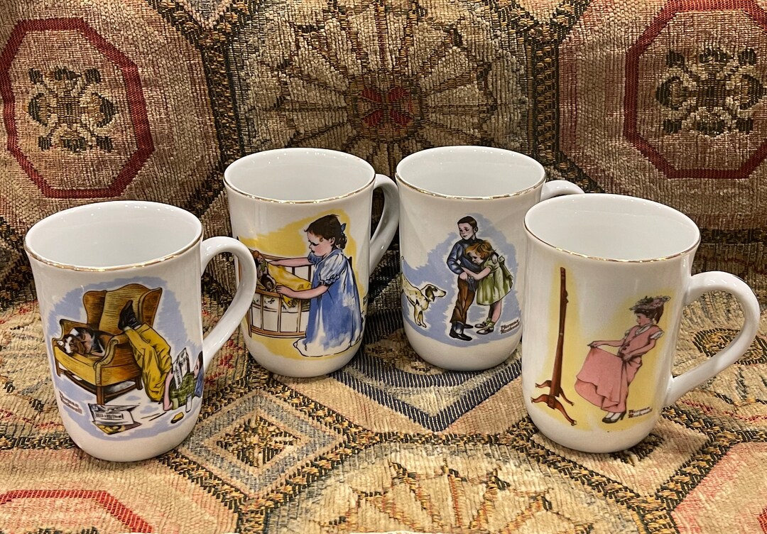 NORMAN ROCKWELL Mugs…four-piece Coffee Cup Set…gold Rim and Handle ...