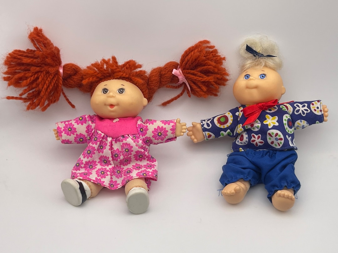 MINI CABBAGE PATCH Dolls…set of Two…braided Hair,brown Eyes, Pink Dress and White Hair, Blue ...