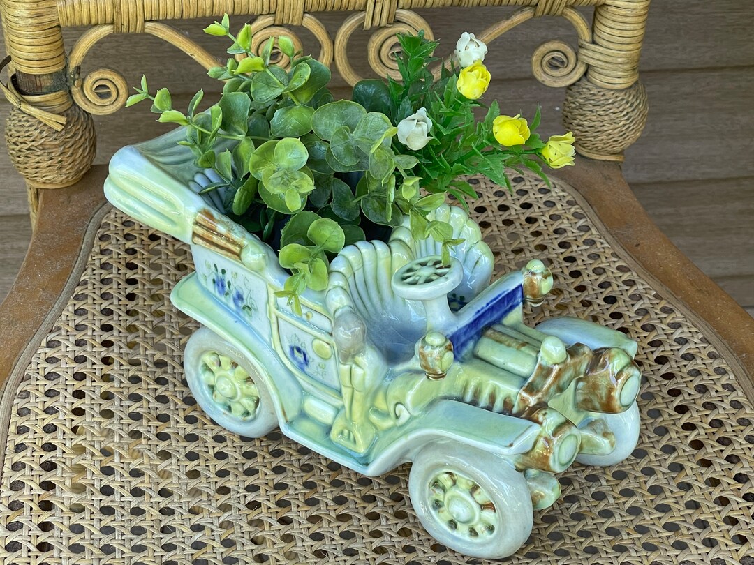LARGE CAR Planter…floart…hand Painted…vintage Car…floral Accents…blue ...