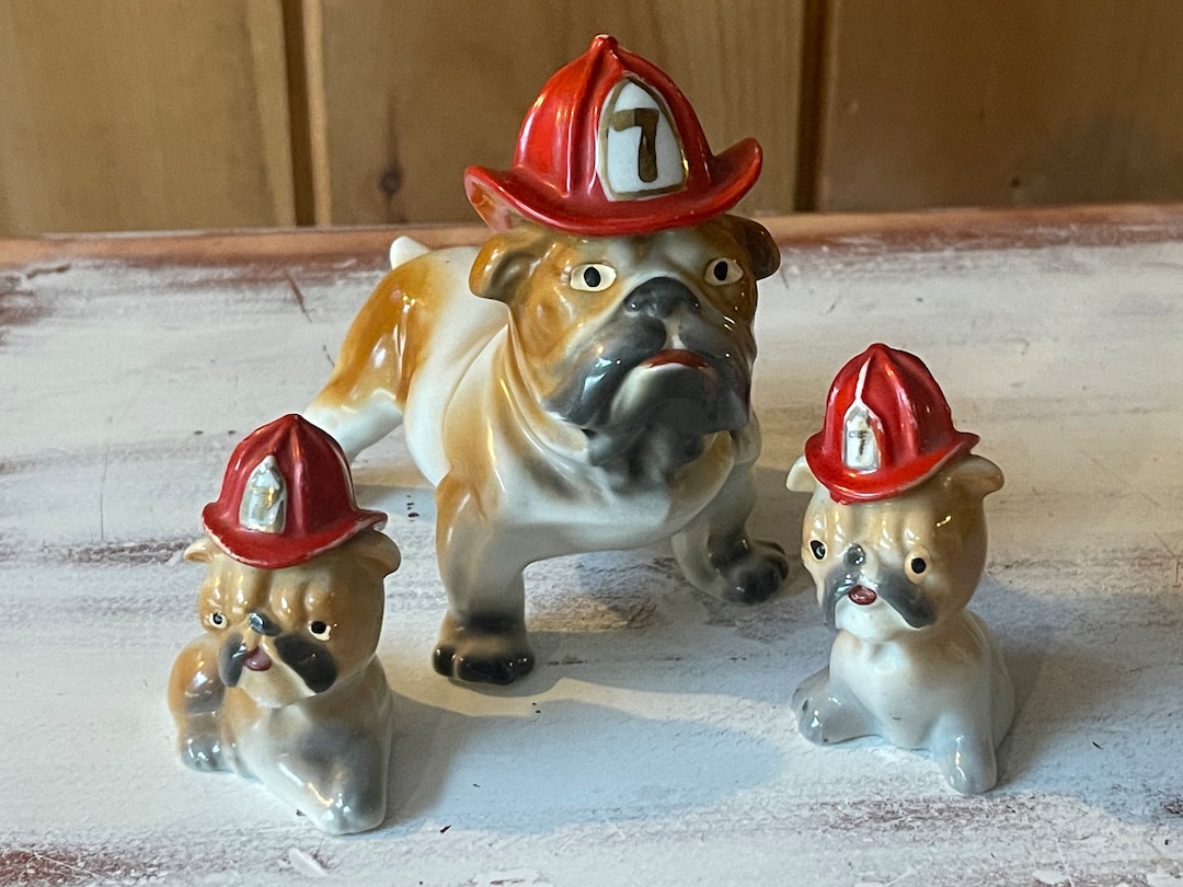 BULLDOG FIREMAN Set…set of Three…english Bulldogs Wearing Bright Red ...