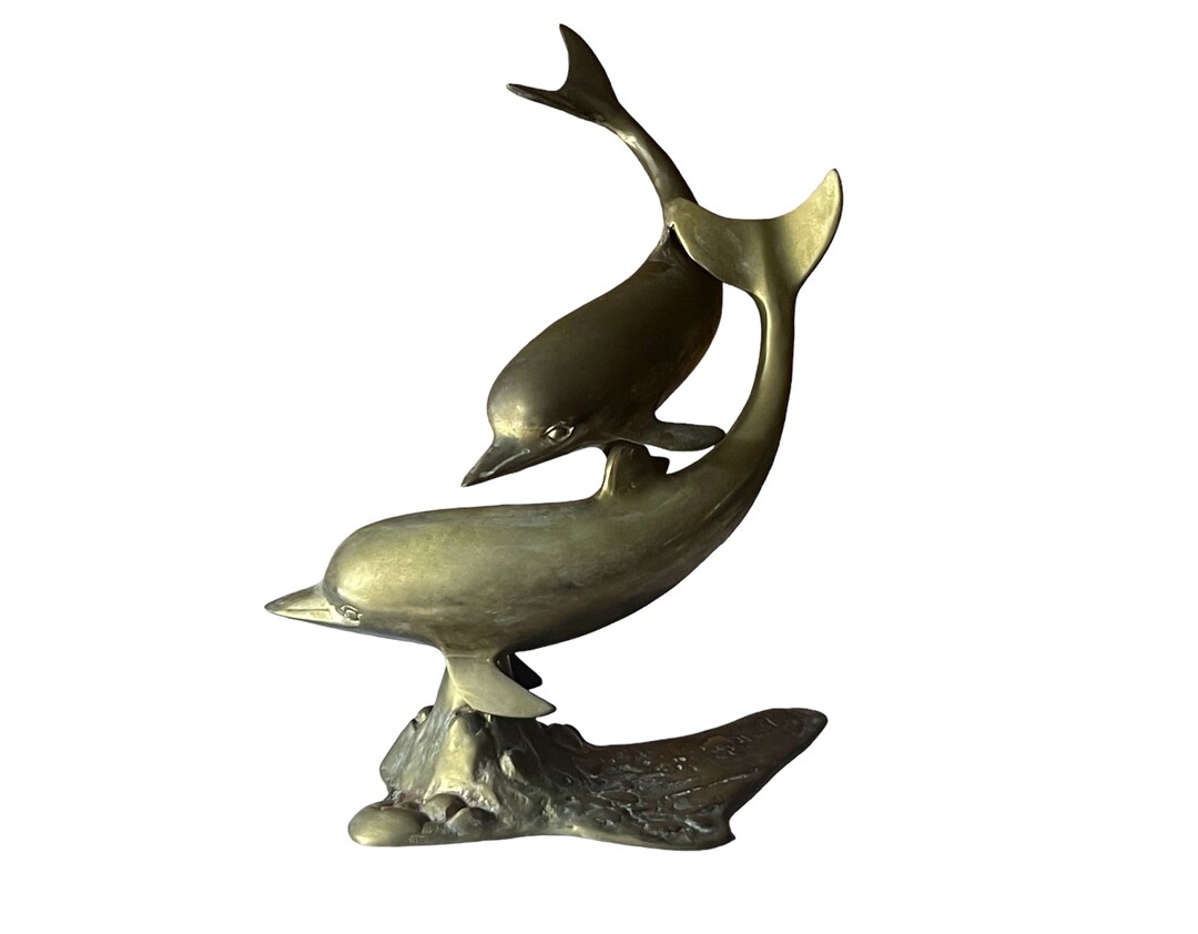 BRASS DOLPHIN Statue…large 16”…double Dolphins…raised Tails…textured ...