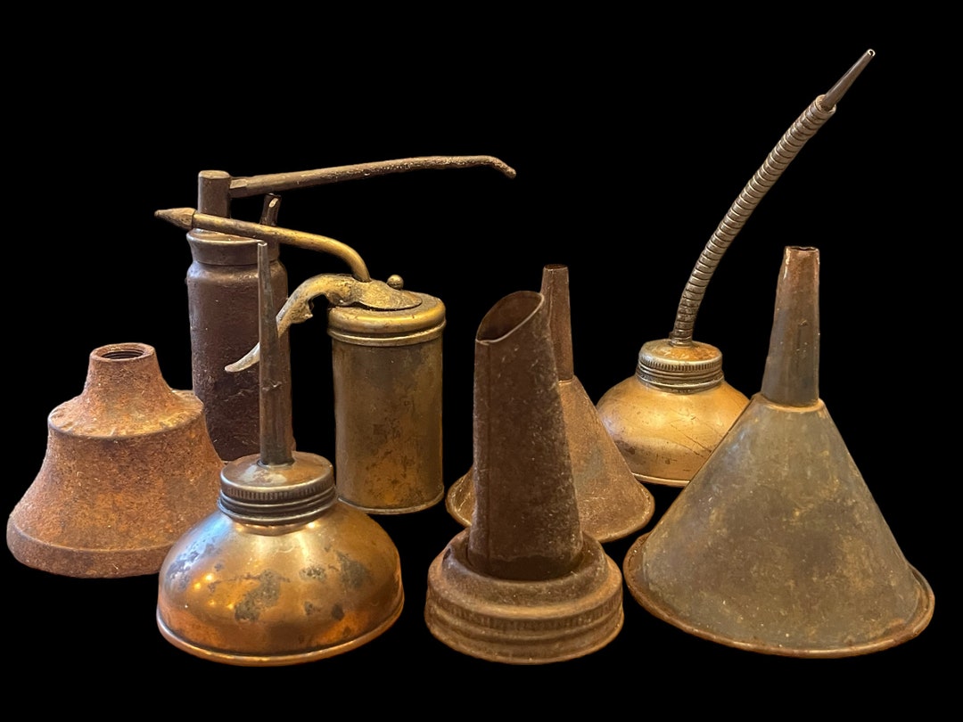 OIL CANS & Funnels…set of 8…vintage Garage Memorabilia…early Oil Cans ...