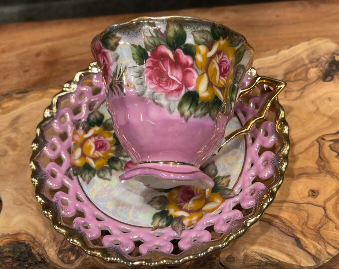 FLORAL LUSTERWARE Tea Set…cup and Saucer…yellow and Pink Roses…pink and ...
