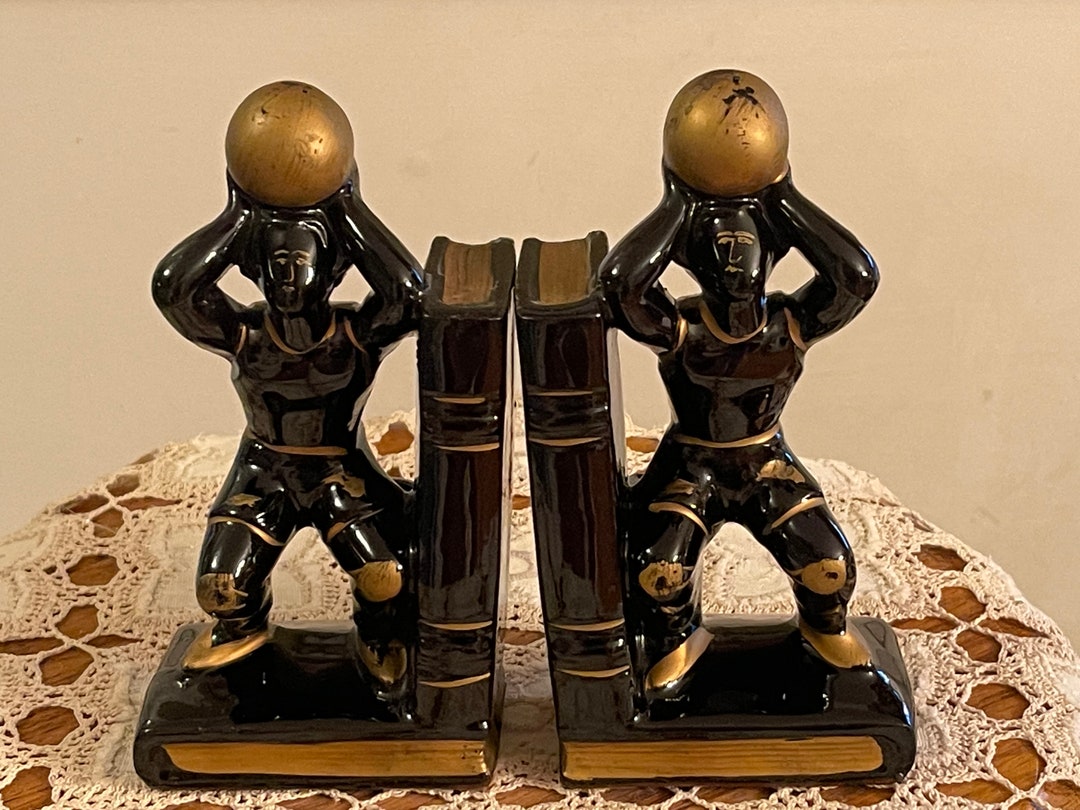 BASKETBALL Bookends…redware…glazed Black and Gold…matching…hand Painted ...