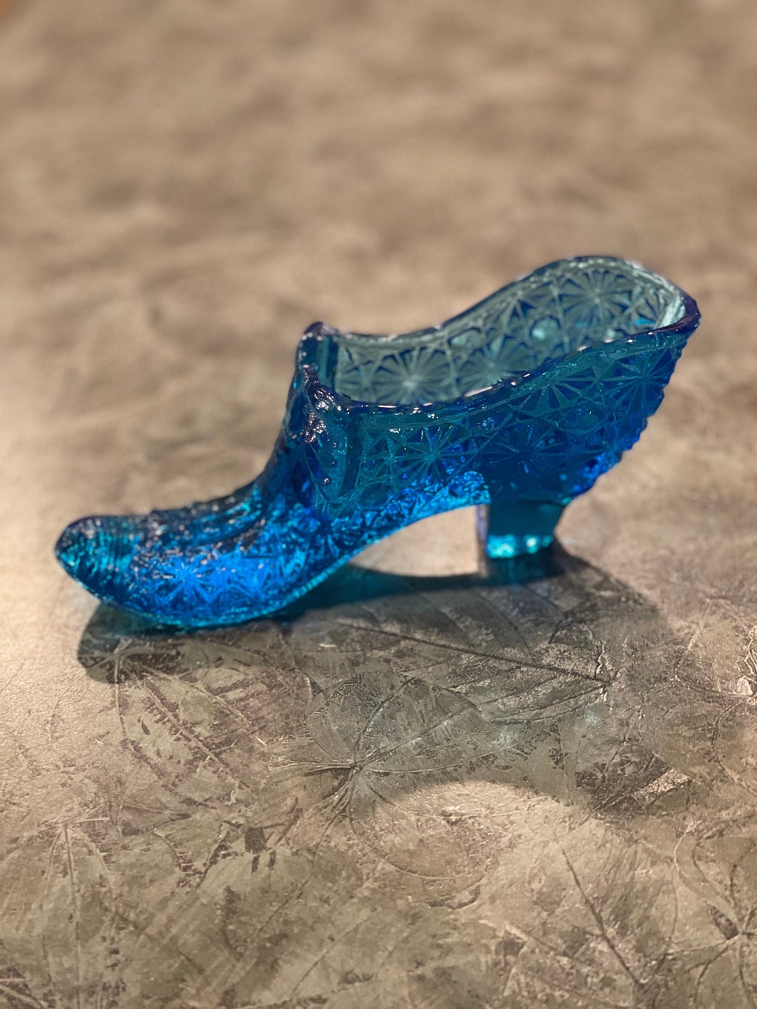 GLASS Shoe...degenhart...cut Glass...blue High Heel Shoe With Bow….shoe ...