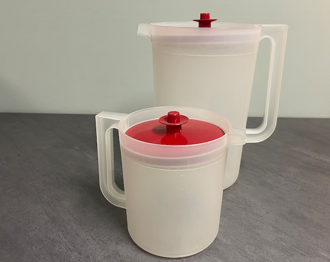 CLEAR TUPPERWARE Pitchers…extra Large and Small…set of 2…red Suction ...