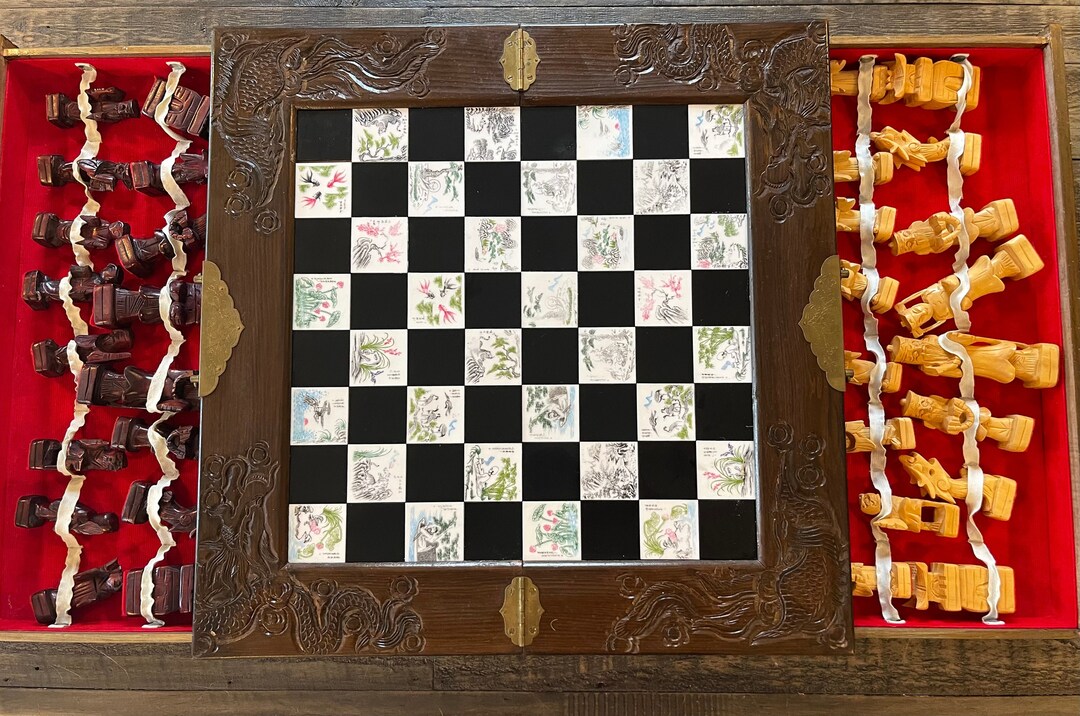 ASIAN CHESS Set…hand Carved…36 Hand Carved Chess Pieces…dragon/ Phoenix ...