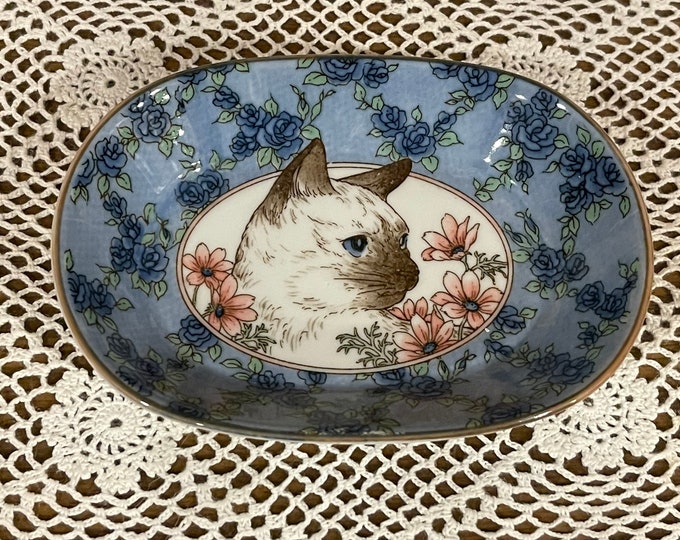 FLORAL CAT Dish…takahashi…cat Face in Dish Center…hand Decorated…blue ...