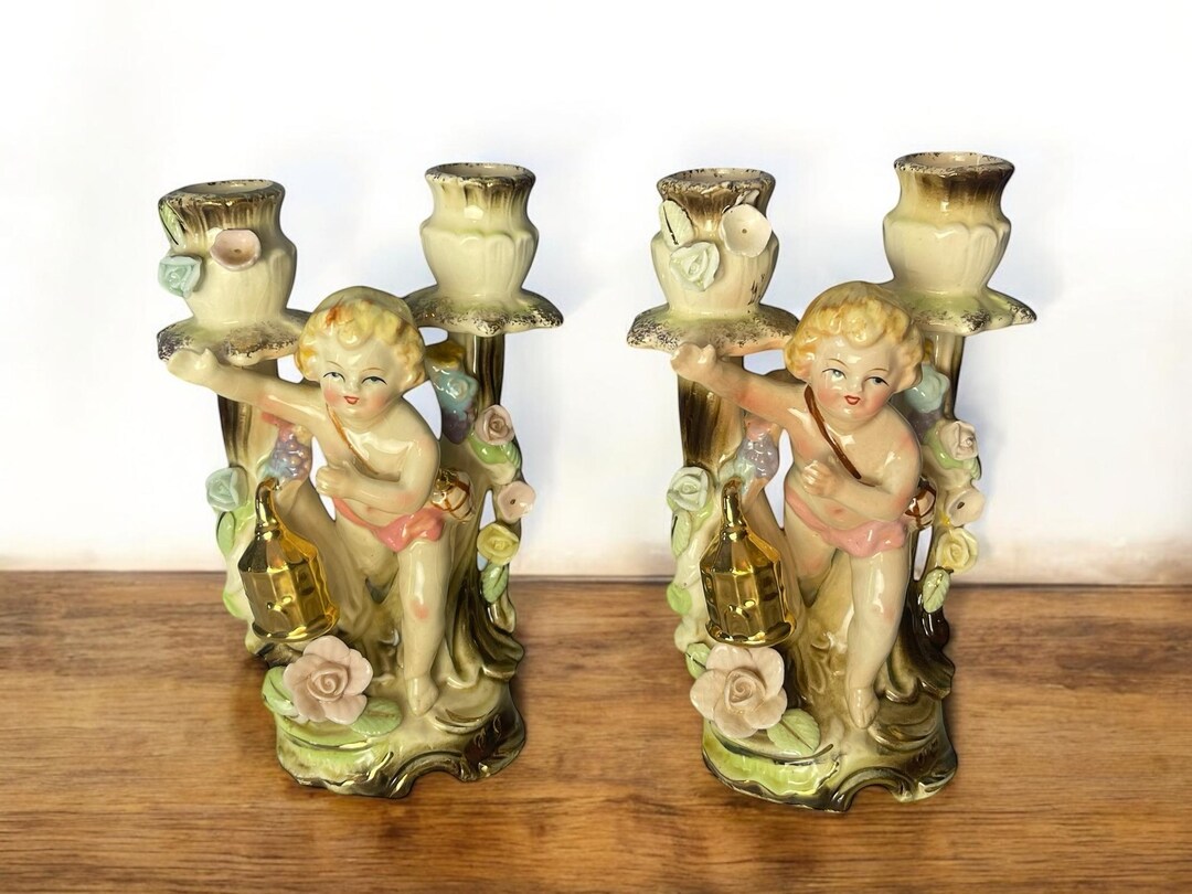 CHERUB Candlesticks…set of 2…holds 4 Taper Candles…painted Porcelain ...