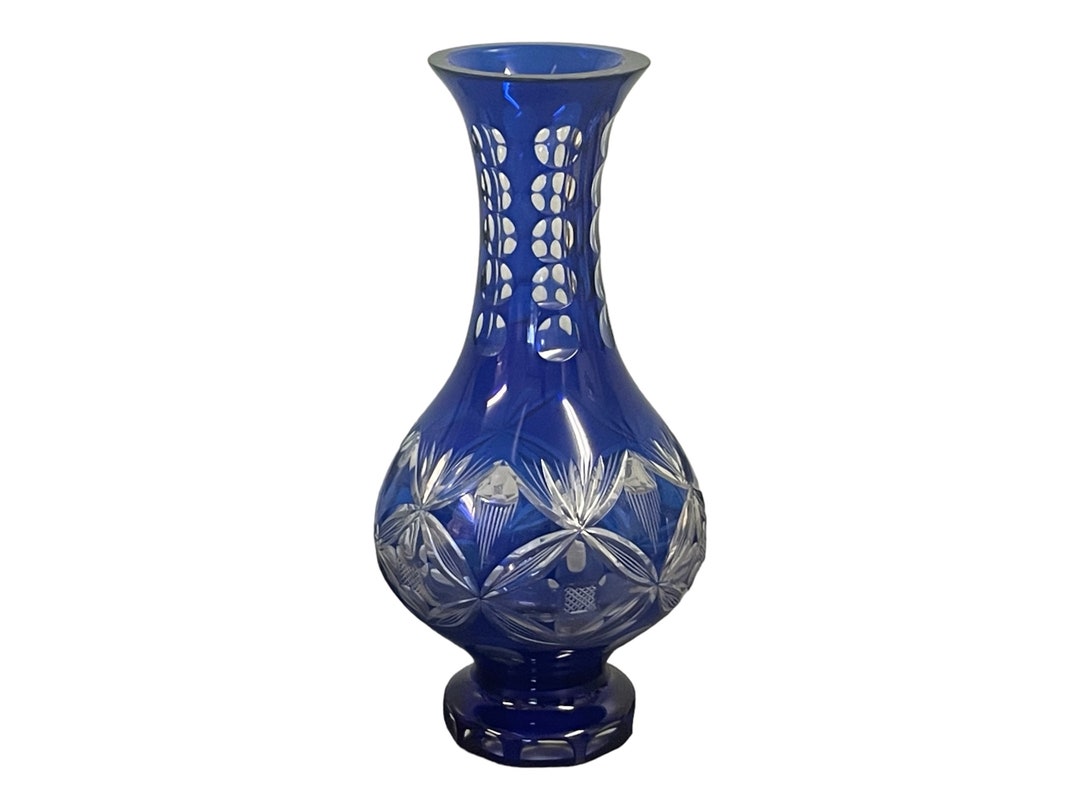 COBALT BLUE Vase…cut Glass Detailing…clear Circle Pattern on Neck…cut ...