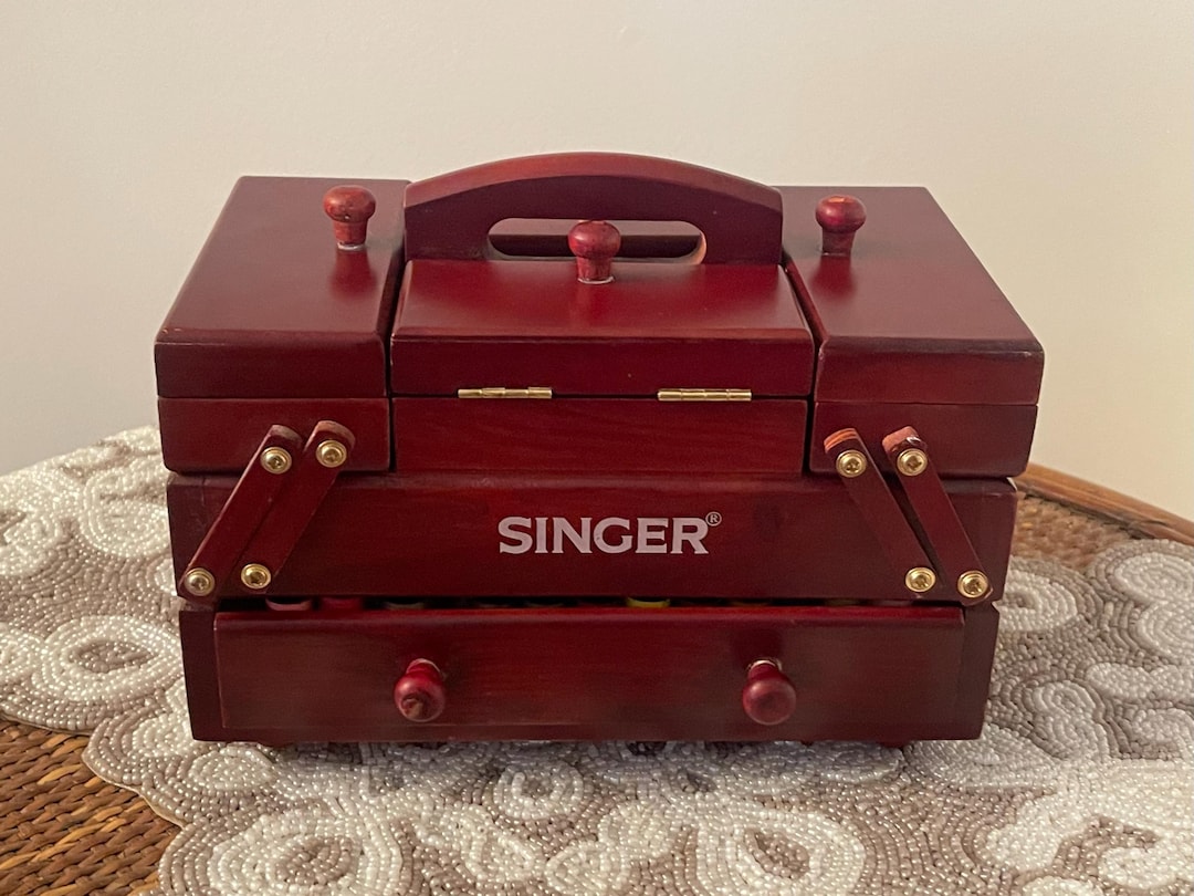 SINGER SEWING Box…wooden Fold-out Box…knobs…top Handle…metal Hardware ...