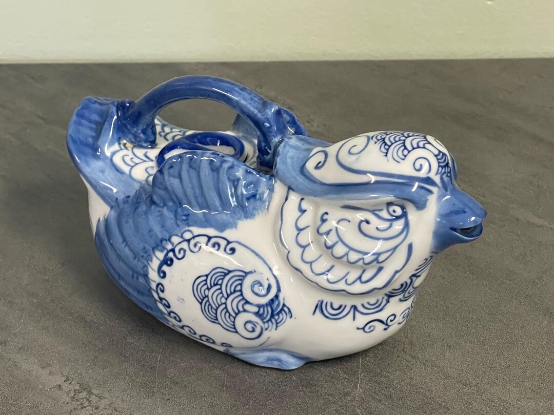 PHOENIX Teapot…blue and White…rounded Handle…removable Round Lid…open ...