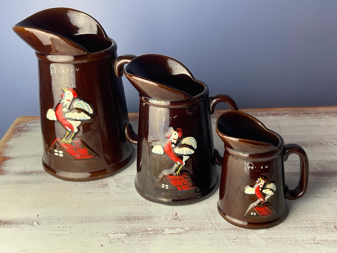 ROOSTER BAKING Set…lusterware Redware Pottery Pitchers…batter, Syrup ...