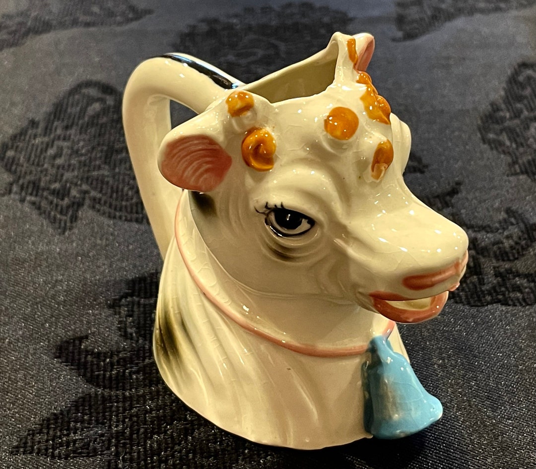 COW HEAD CREAMER With Bell…open Mouth Pourer…blue Bell…animal Creamer ...