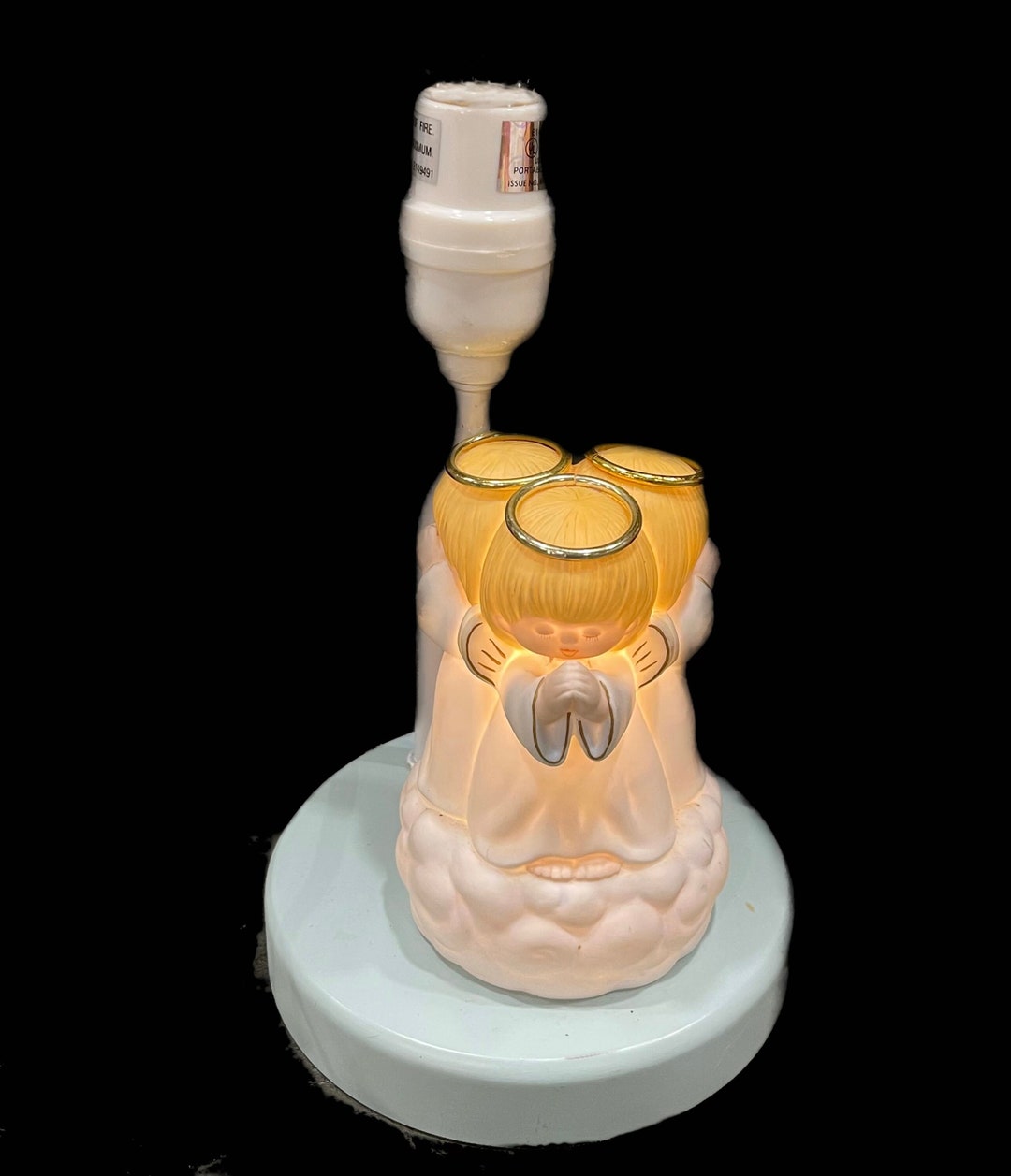 PRAYING ANGELS Lamp...hand Painted Bisque...blue Ceramic Base...gold ...