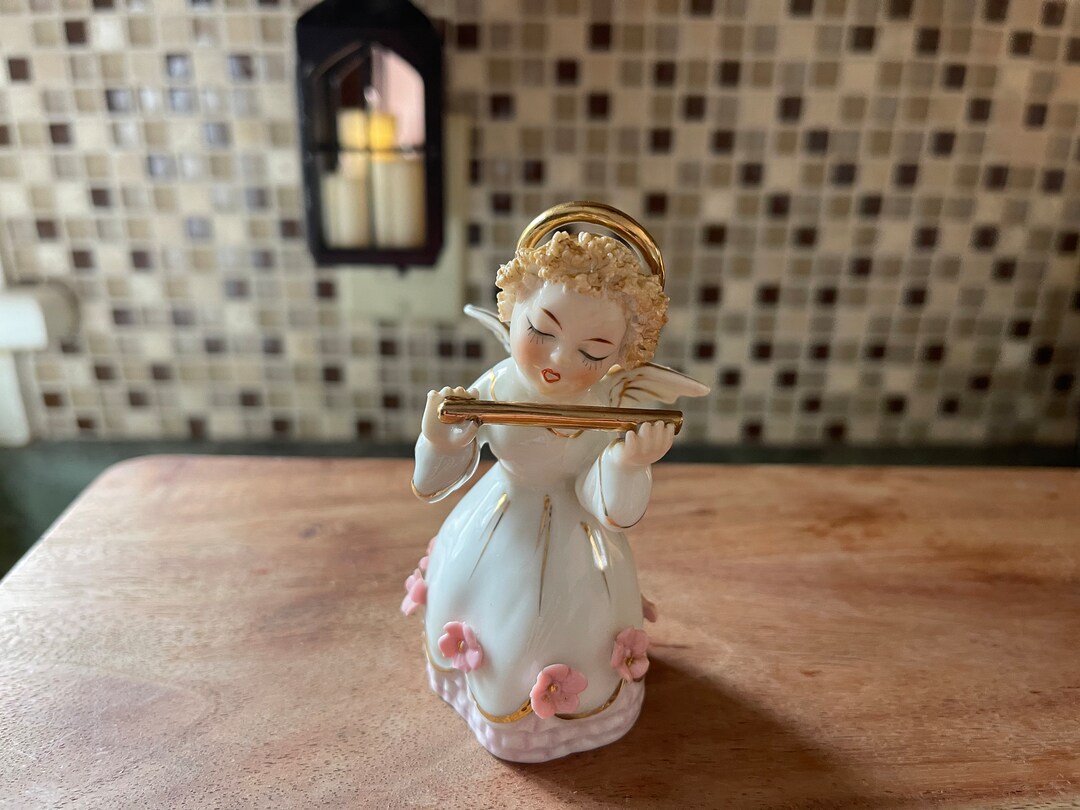 LEFTON MUSICAL ANGEL Figurine…gold Halo and Instrument…spaghetti Trim ...