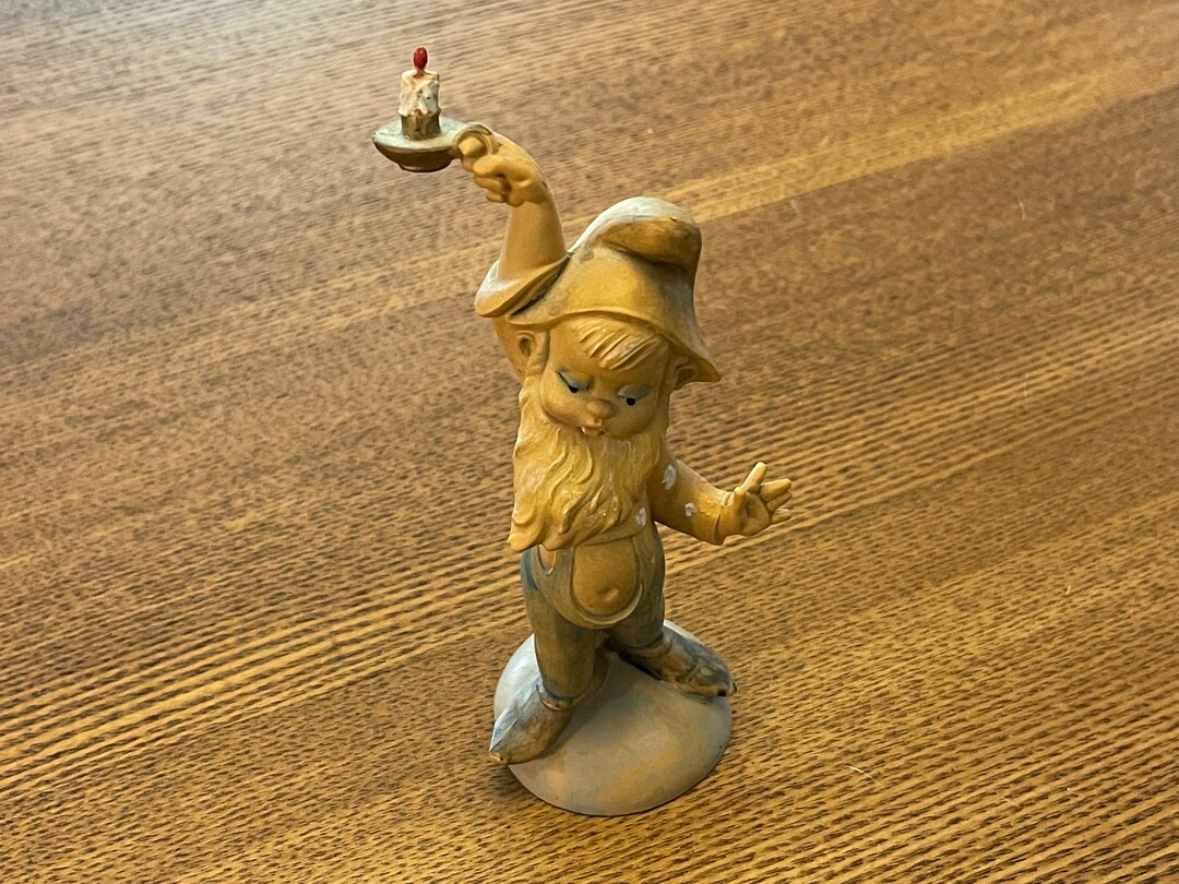 ITALIAN GNOME Figurineplastic/resindepose 6holding a Lit Candleoveralls ...