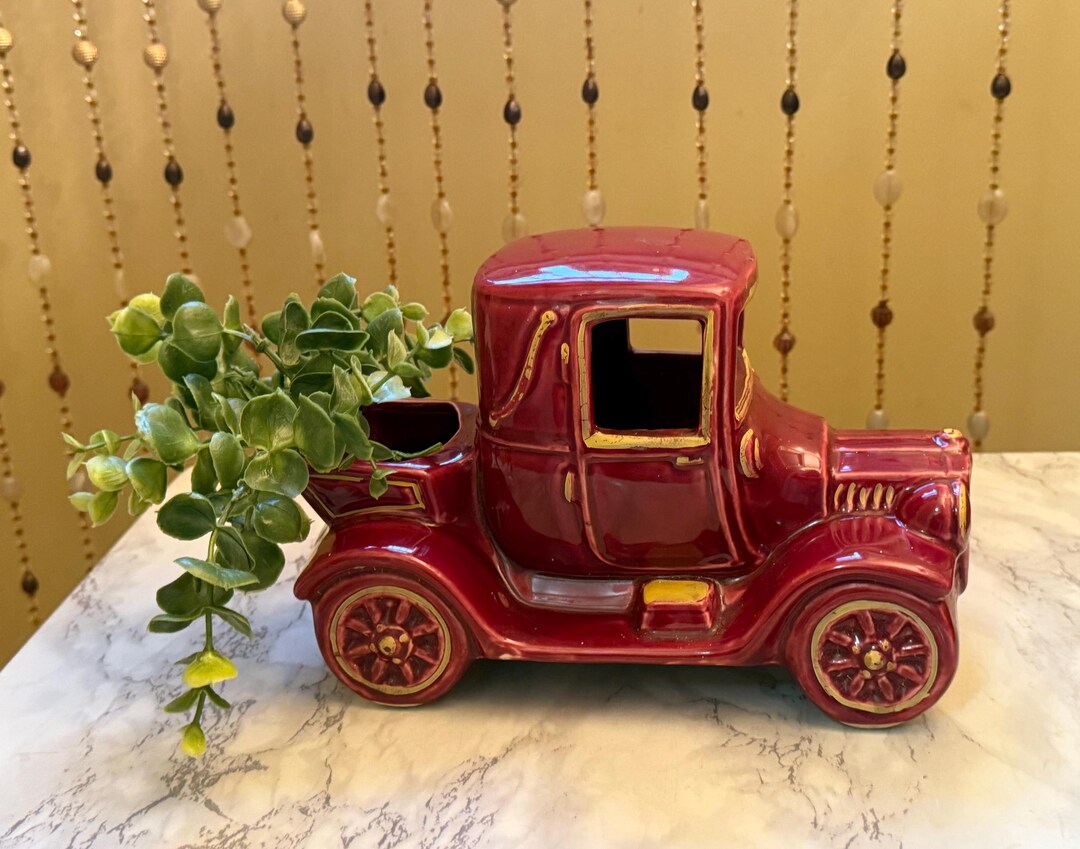LARGE CAR Planter…hand Painted…vintage Car…gold Accents…open Windows ...