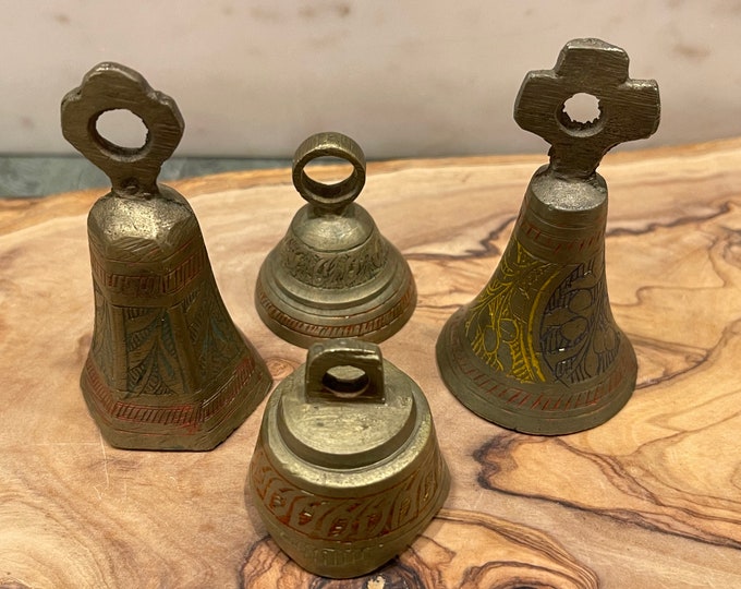 MINIATURE HAND Bells…set of 4…brass…open Top Handles…engraved…colorful ...