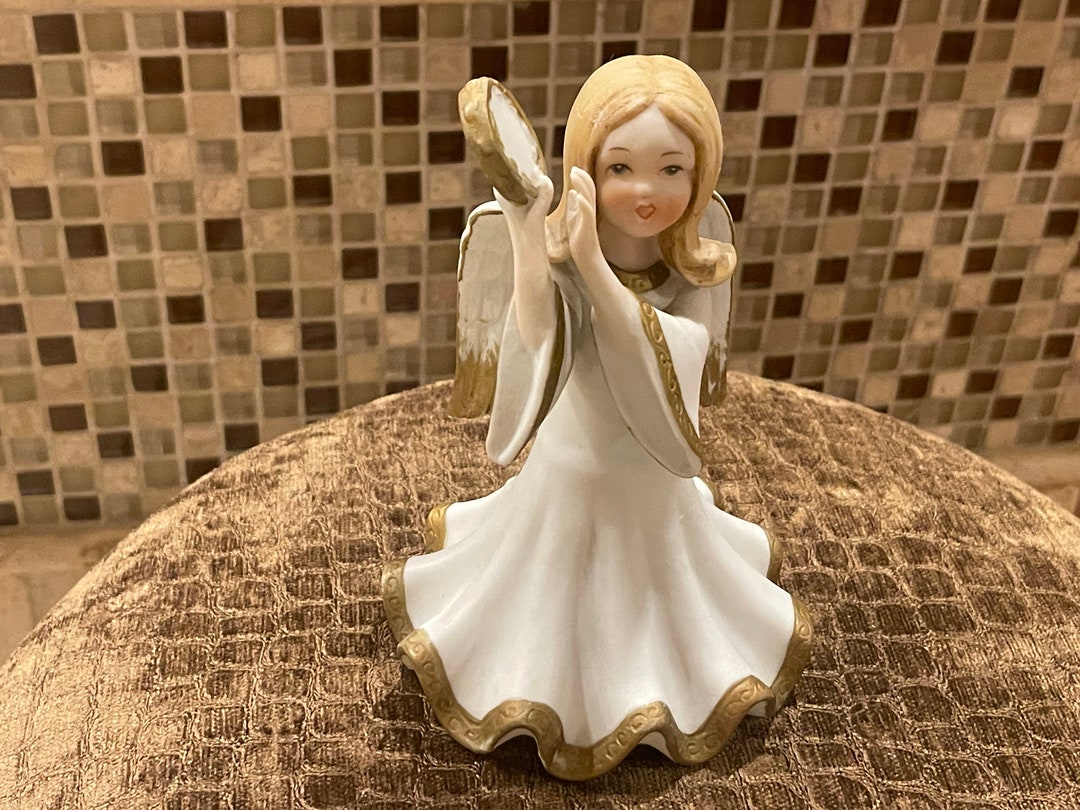 TAMBOURINE ANGEL Figurine…lefton…gold Accents…scroll Design…musical ...