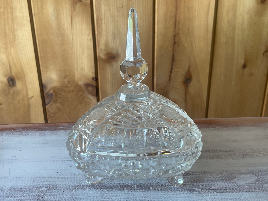 GLASS CANDY Dish…lid…cut Glass…large Candy Dish…gorgeous Designs…tall ...