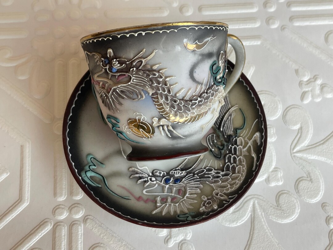 DRAGONWARE TEA Set…moriage… Edging…blue, Pink, Grey, Black…dragons Span ...