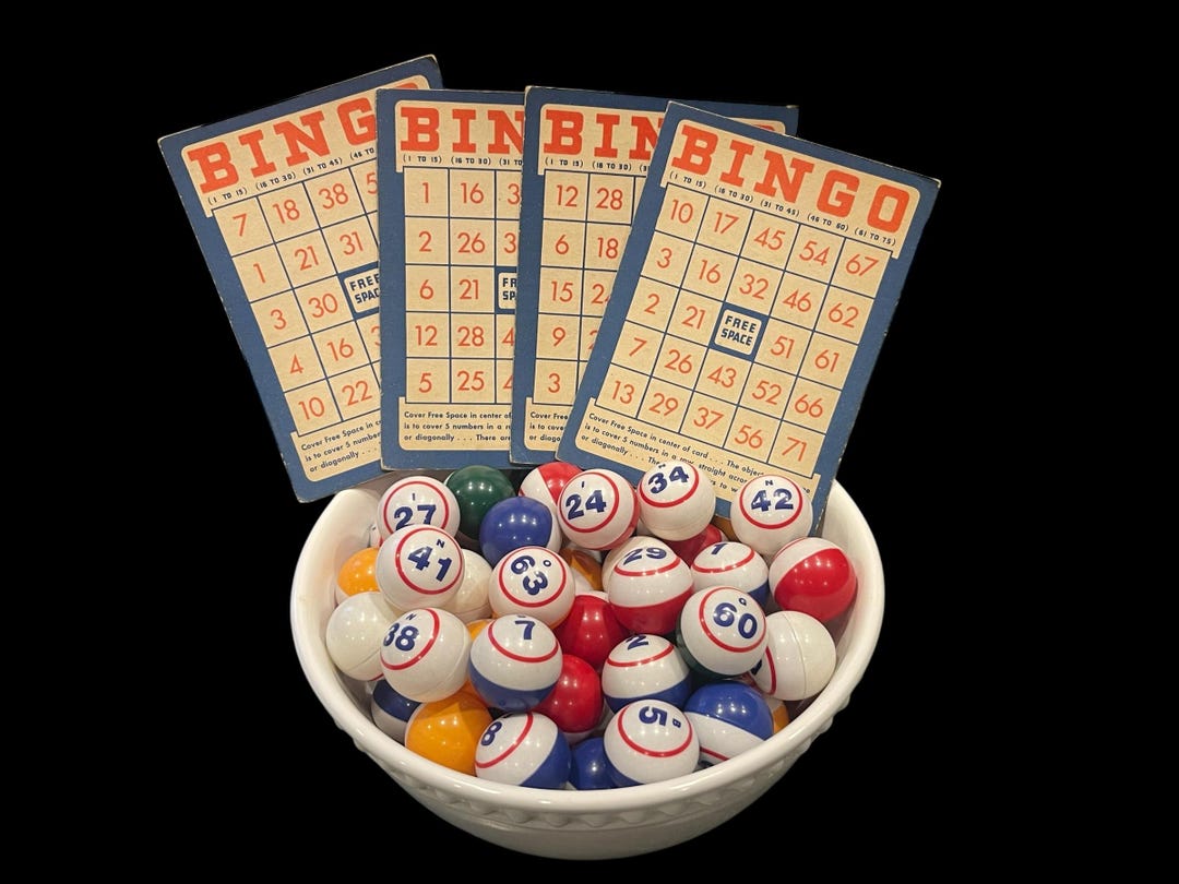 FULL BINGO SET…75 Vintage Plastic Bingo Balls and 3 Cardboard Bingo ...
